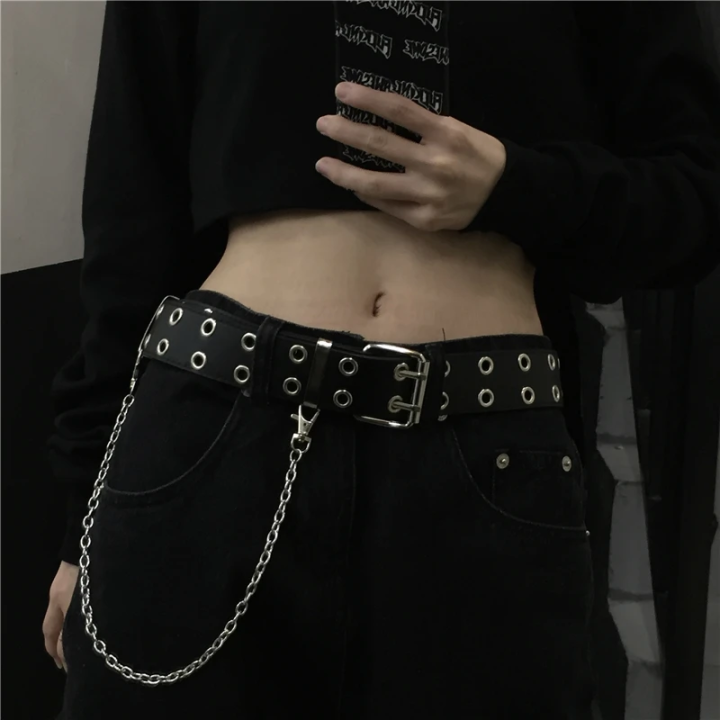 Women Double Ring Belts Double Hole Eyelet Grommet Leather Buckle Punk ...