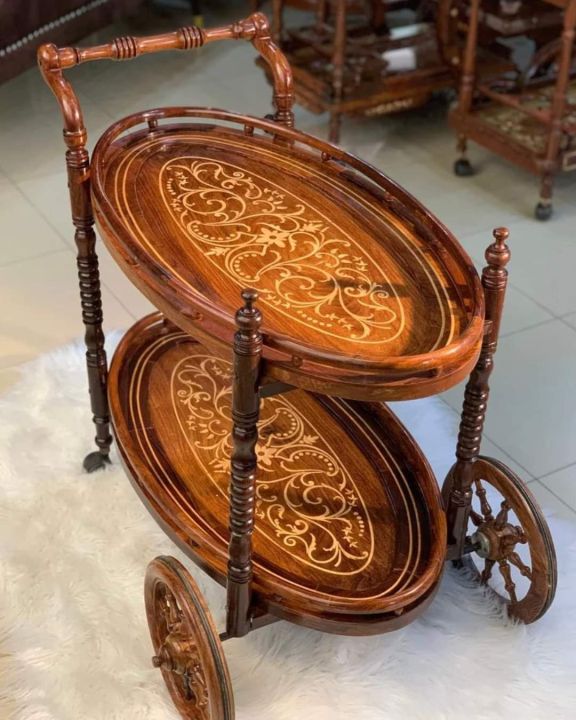 Premium Quality Solid Wooden Tea Trolley With white Inlay Design | Daraz.pk