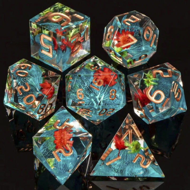 7 Pcs Resin Dice Set with Flower Design Sharp Edge for DND RPG Games ...