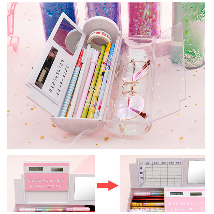 Double Layer With Mirror Erasable Notepad Calculator Pencil Cases ...
