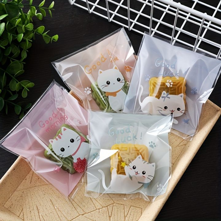 100pcs/200pcs/300pcs -Mini Cartoon Cat Packaging Bag, Baking Snack Self ...