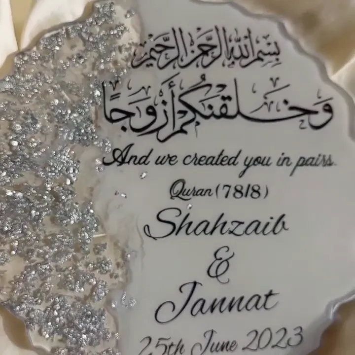 Customize Resin Plaque with Silver Flakes and Black Calligraphy of your ...