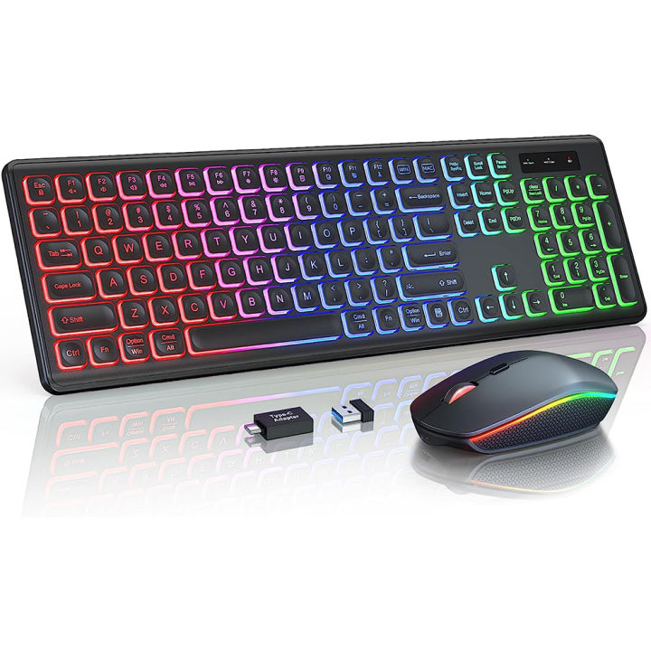 Wireless Keyboard and Mouse Combo RGB Backlit, Rechargeable Light Up ...