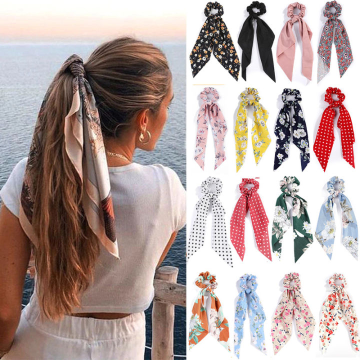 Fashion Flower Print Bow Satin Long Ribbon Ponytail Scarf Tie ...