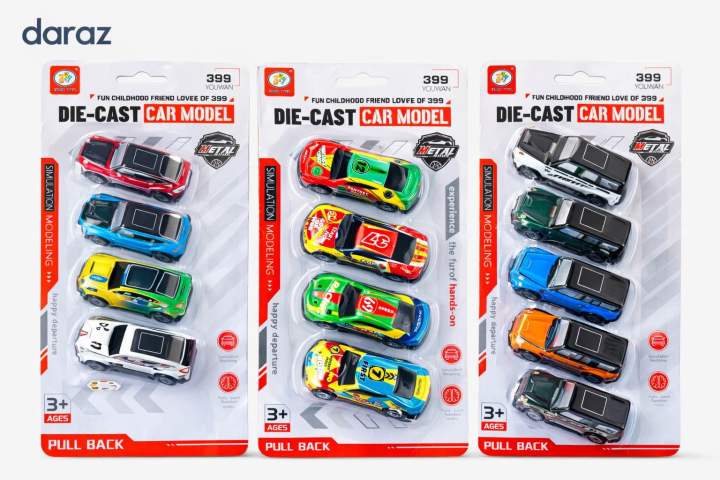 Die-Cast Pull Back Car Toy Set (4 Cars) | Metal Body Racing & Jeep ...