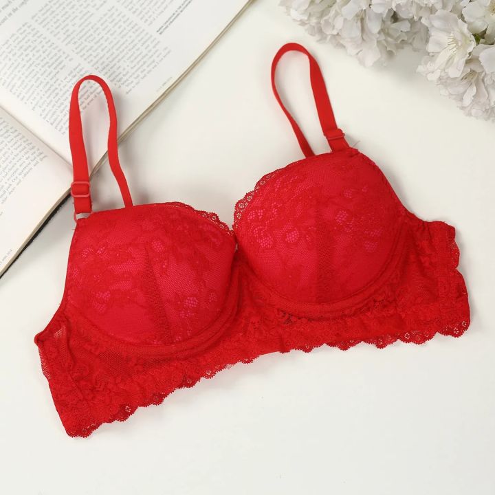 Red Lace Cotton Foam Bra with Wire for Women – Soft, Adjustable Straps ...