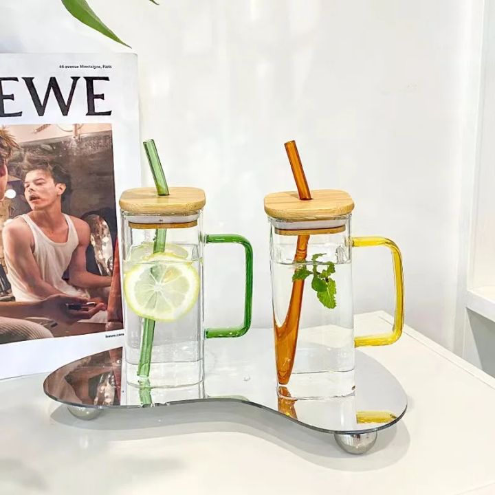Clear Drinking Glasses Square Glass Cup with Bamboo Lid Colorful Glass ...