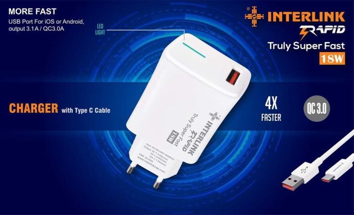 INTERLINK 18W QC fast charger with Type c cabel RAPID | Daraz.pk