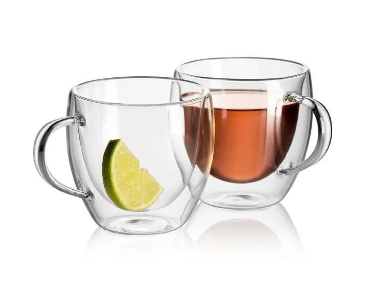 250ml Heat Resistant Double Wall Glass Coffee Mug Classic Oval Shape ...