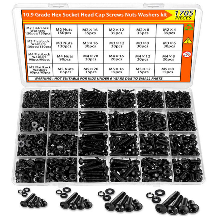 1705Pcs M2-M5 Machine Screw Assortment Kit, Hex Button Head Bolts Nuts ...