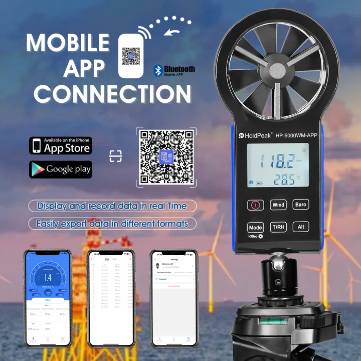 HoldPeak Smart Touch Screen Anemometer 6000-WM-APP Digital Bluetooth ...