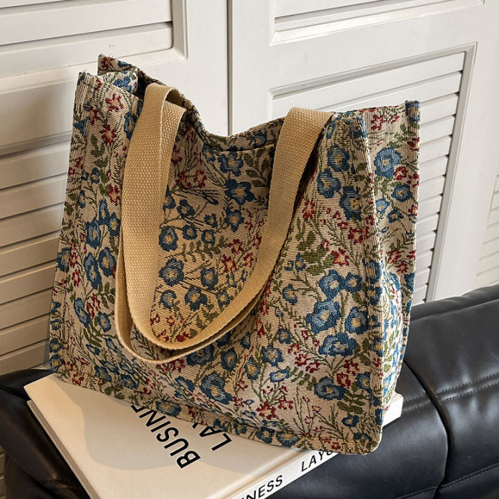 Ladies Shopping Bag Flower Pattern Flax Tote Bag Larger Capacity ...