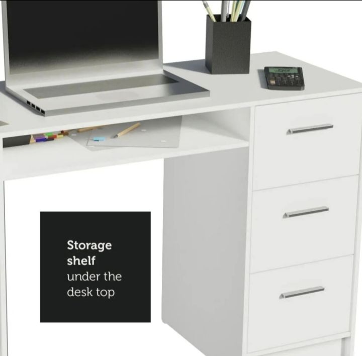 RJ Mart White Office Desk with 3 Drawers, 1 Side Cabinet, and Center ...