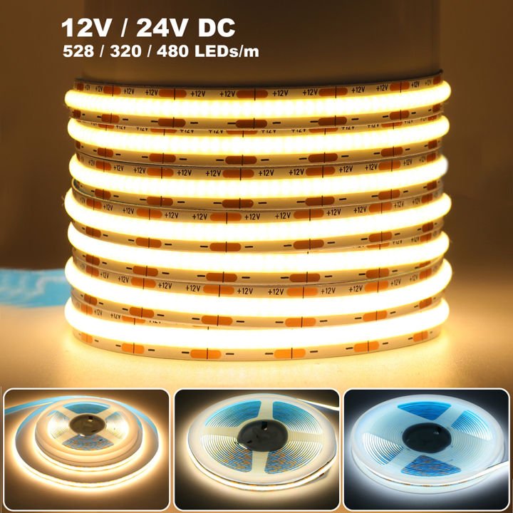12V 24V COB LED Strip Light 320 480 528 LEDs Flex Tape High Density ...