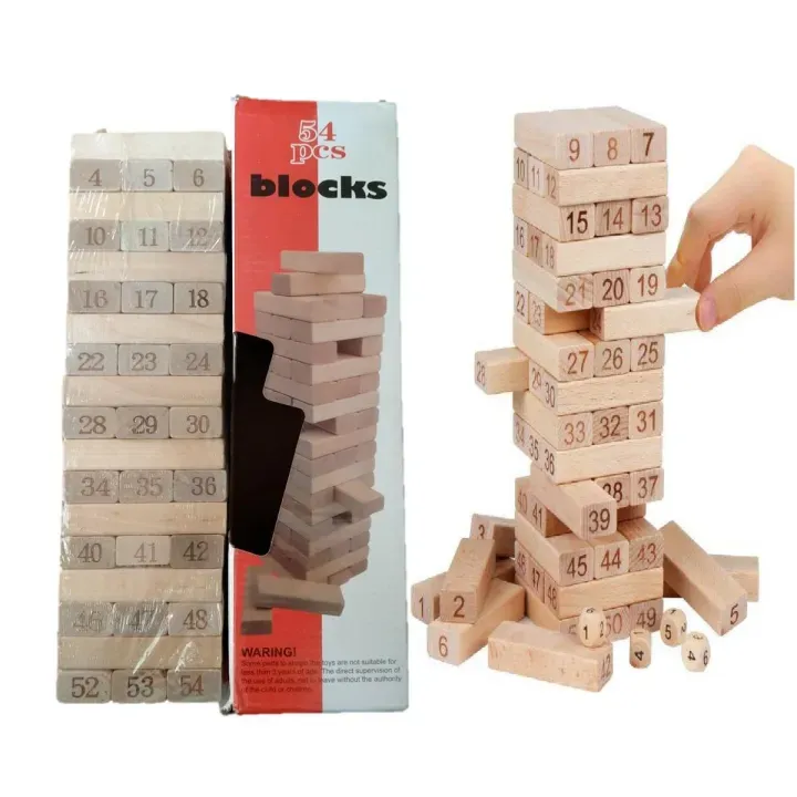 54pcs Jenga Number Wooden Stacking Tower Game for Kids & Adults Stack ...