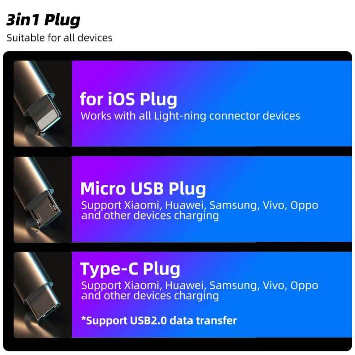 Fast charging cabal 3in1 gradients colour light for iOS plug micro usb ...