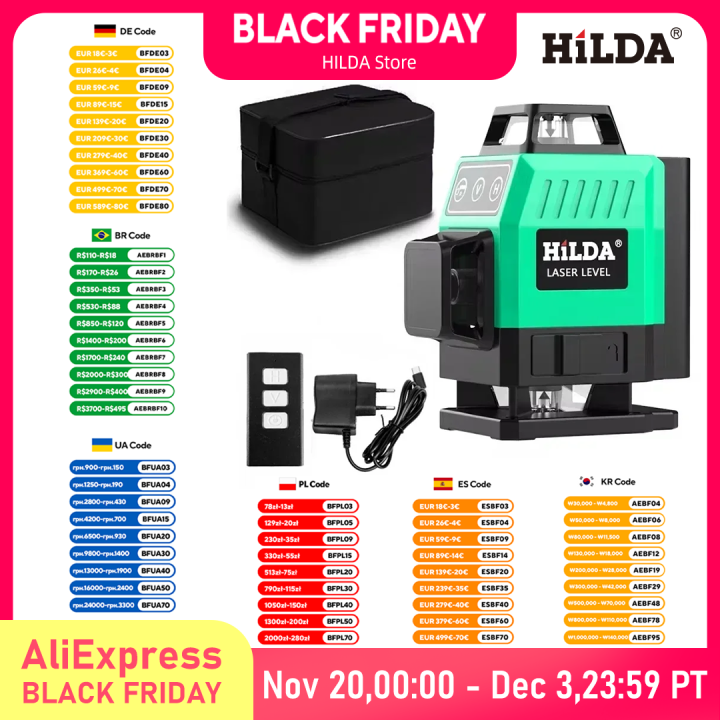 HILDA 12/16Lines Laser Level Green Line SelfLeveling 360 Horizontal And ...