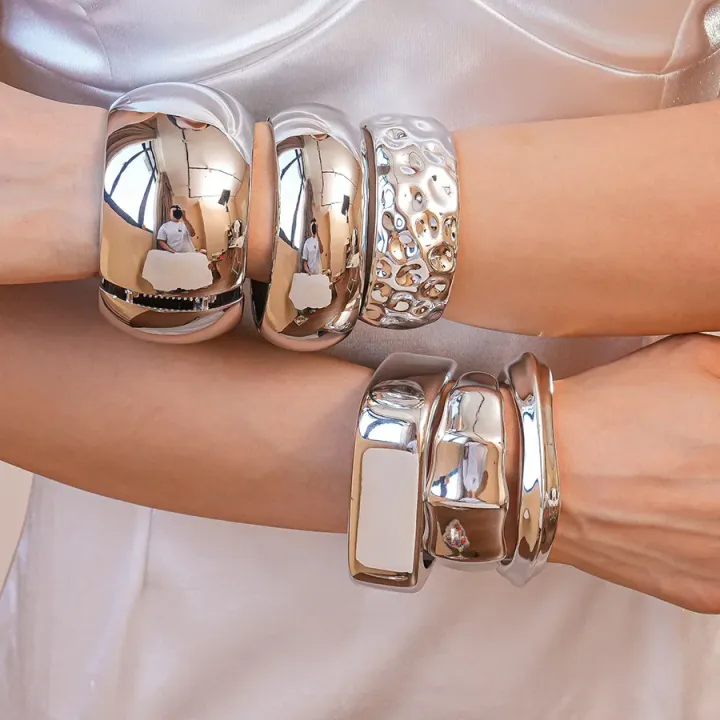 Punk Silver Color Acrylic Cuff Bracelet for Women Men Geometric Round ...