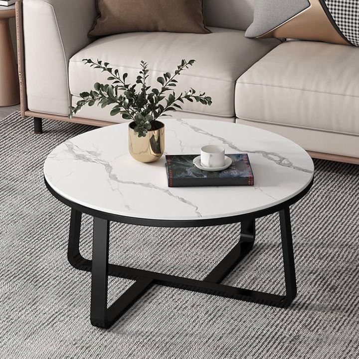 Round Coffee Table, Slate Modern Decorative End Table with Sturdy Metal ...