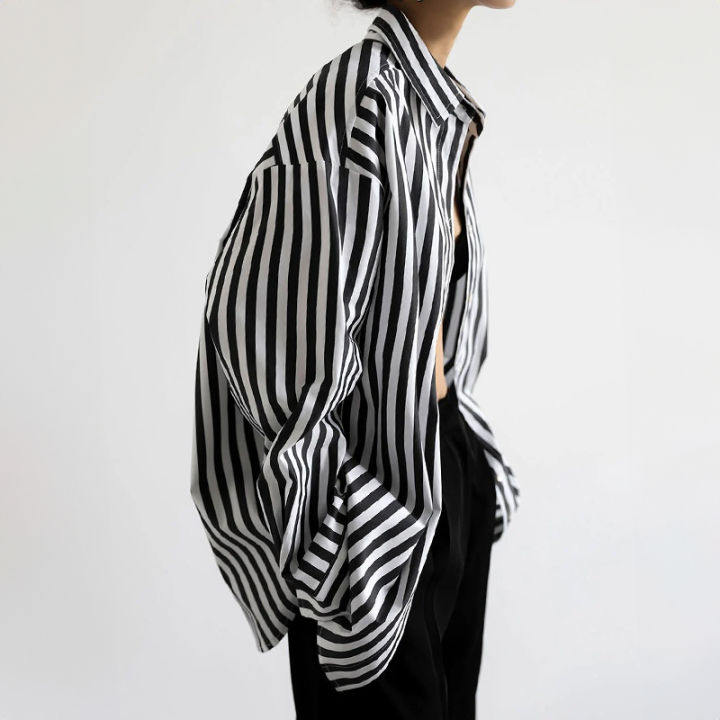 Women Shirt Black and White Striped Button Down Long Sleeve Oversize ...