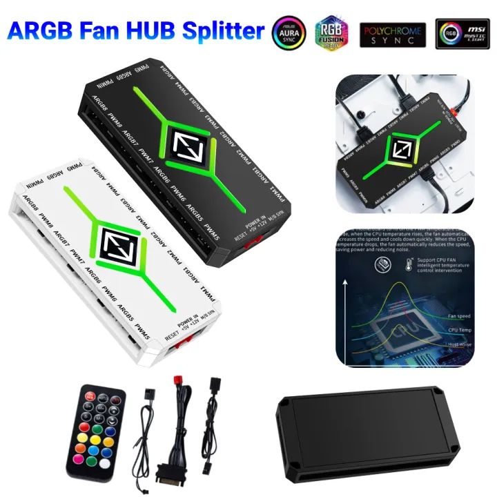 1/2 Set ARGB PWM Fan Hub Adapter with Remote 1 To 9 Port 5V 3 Pin PC ...