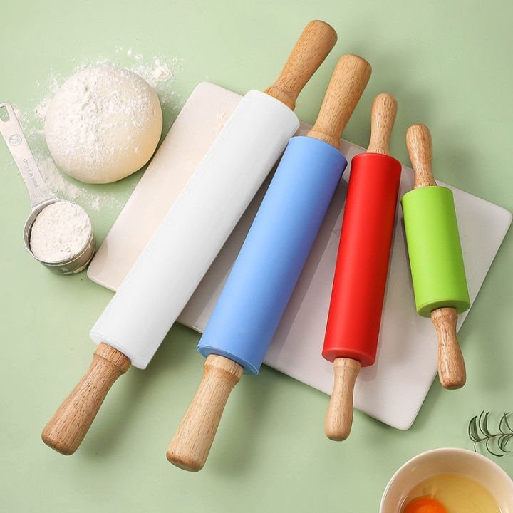Non-Stick Silicone Rolling Pin Wooden Handle Pastry Dough Flour Roller ...