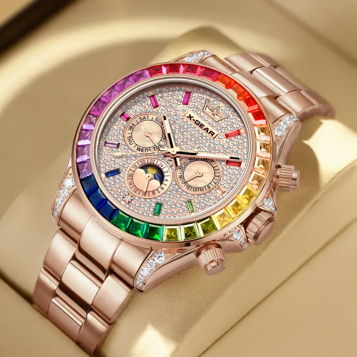 Luxury Men's Rose Gold Watch Colorful Gemstone Bezel 6-Pin Display ...