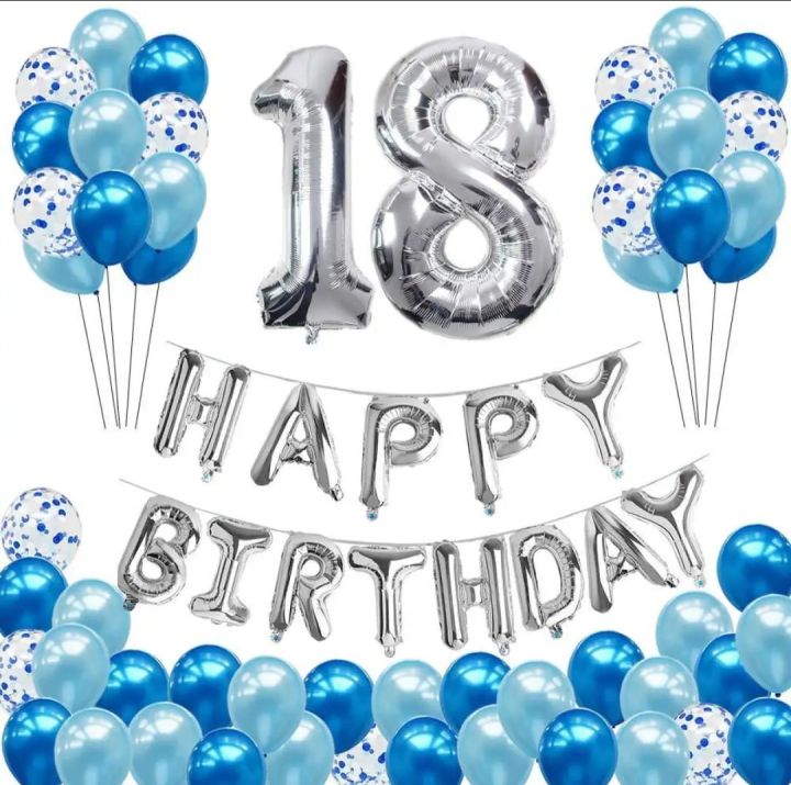 18TH Blue Birthday Decoration Kit - Number 18 Foil Balloon, Happy ...