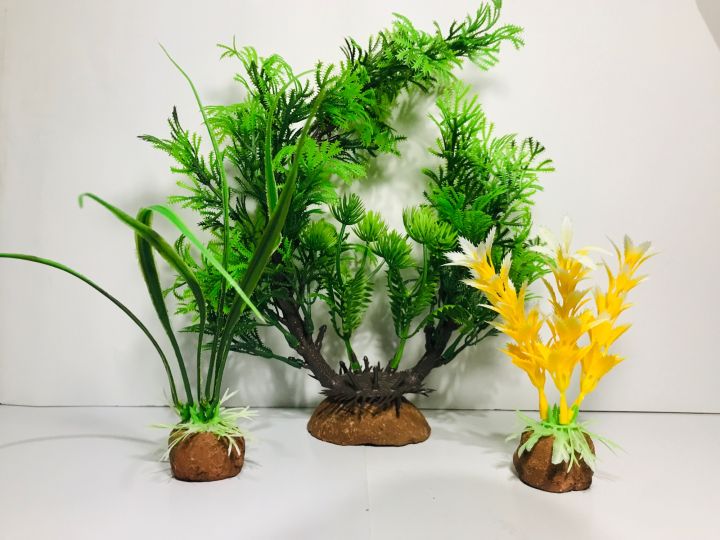 Aquarium plastic plants / terra-cotta base / large plant with 2 small ...