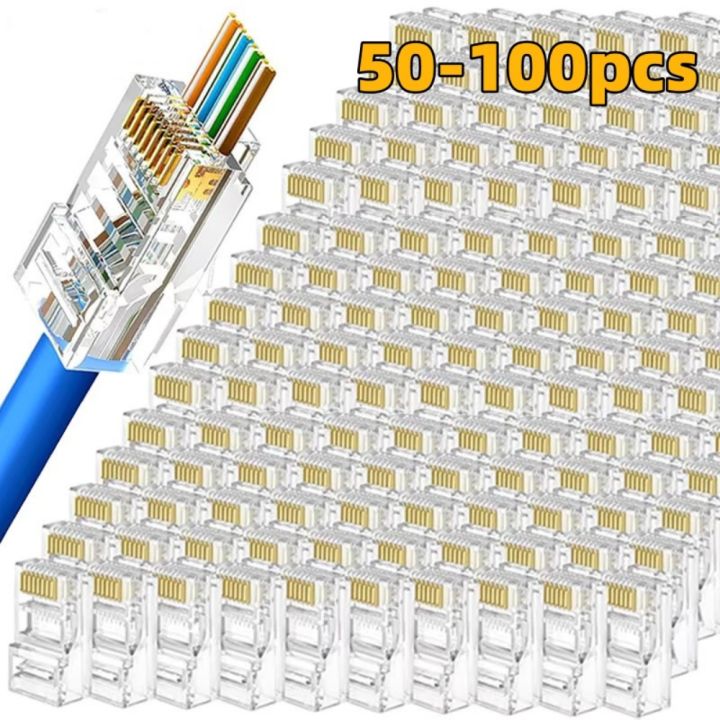 100pcs RJ45 Cat6 Shielded Connectors Perforated Crystal Head Gold ...