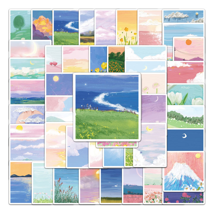 50 Piece Landscape Oil Painting Stickers Waterproof DIY For Phones ...
