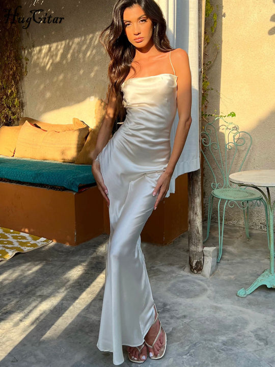Hugcitar Elegant Satin Slips Backless Solid Bandage Sexy Bodycon Maxi Dress Summer Women Clothes ...