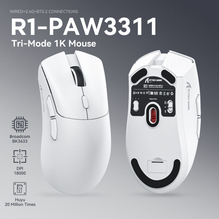 Attack Shark R1 1000hz Bluetooth Mouse 18000dpi Paw3311 Tri Mode Connection Macro Gaming Mouse