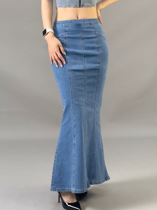 Hot girl high waisted denim fish tail hip hugging skirt for women in ...