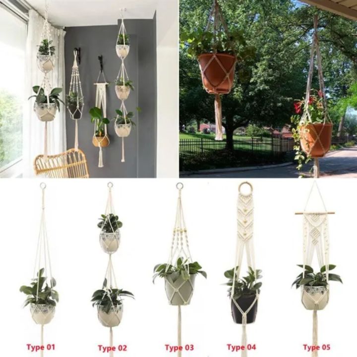 Flowerpot Plant Holder Hand-knitted Cotton Rope Wall Hanging Flowerpot ...