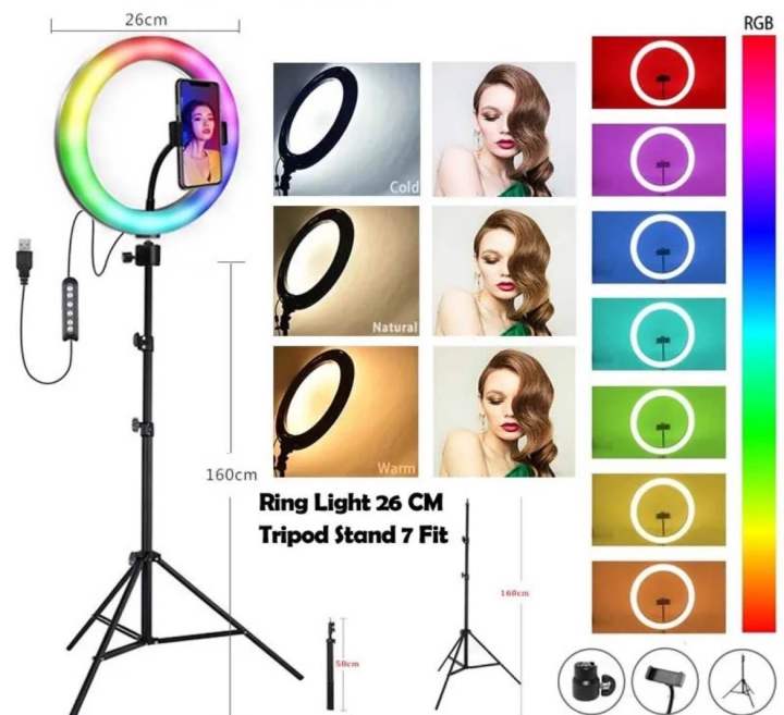 26 Cm RGB Ring Light MJ26 LED Soft Multi Colors Ring Light With 7 Feet ...