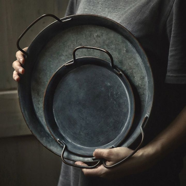 Retro Metal Plate With Handle Round Wrought Vintage Storage Bread ...