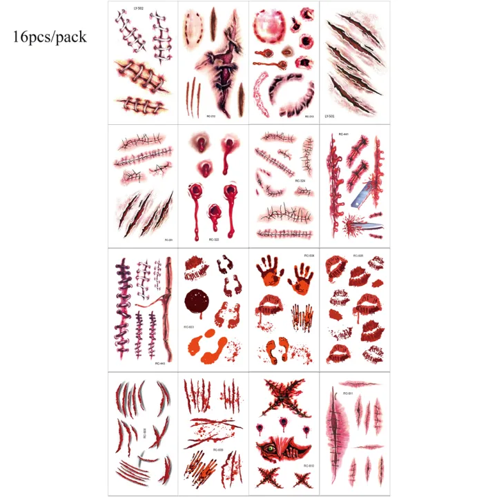 16pcs Zombie Temporary Tattoos for Halloween Fake Scar Realistic Blood ...
