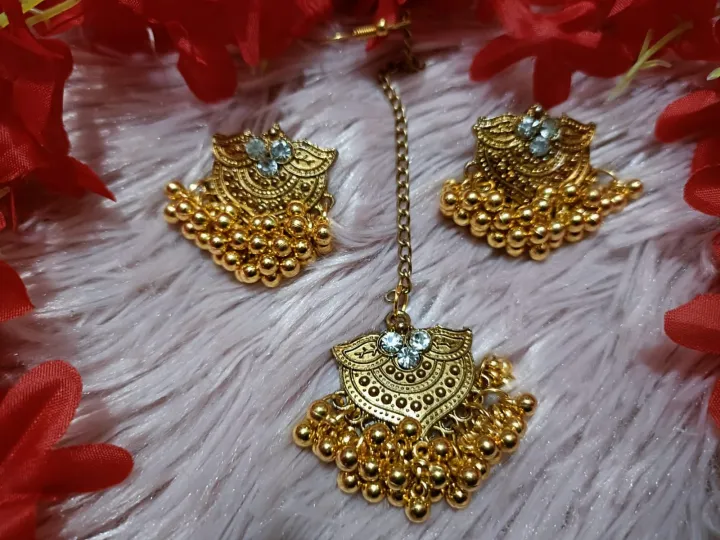 Pearl Setting Maang Tikli & Earring Set for Women | Daraz.com.bd