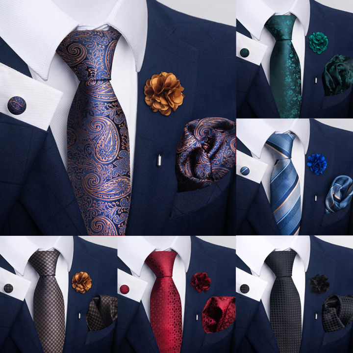 Luxury Mens Ties Floral Black Gold Ties Paisley NeckTie Pocket Square Cufflinks Brooch Set Men's ...