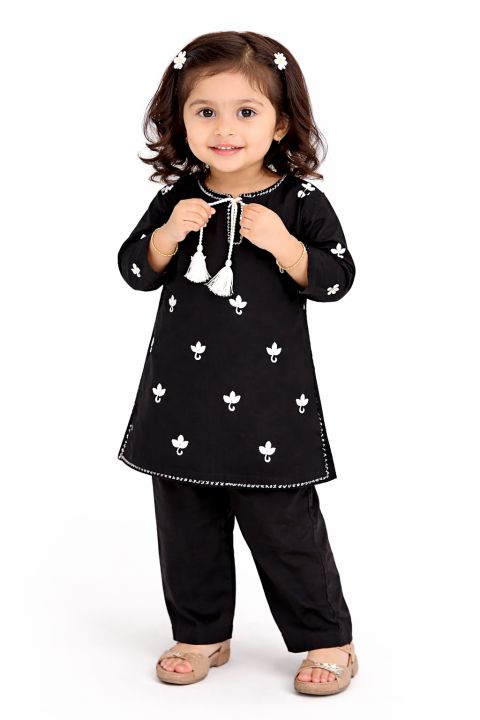 Premium Black Lawn Hand Embroidered Kids Suit – Soft Cotton Summer ...