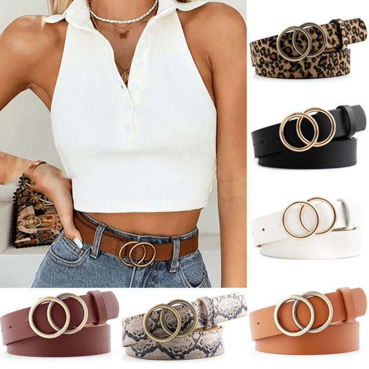 Double Ring Belts for Women Girls Fashion Leopard Waist Belt PU Metal ...