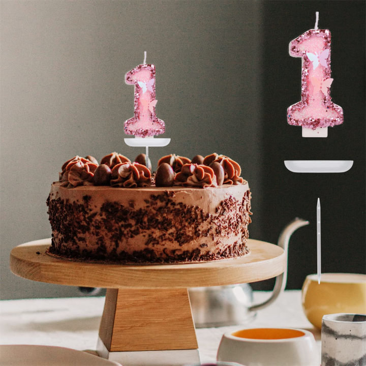 2.9inch Glitter Pink Butterfly Decorated Birthday Number Candle, Cake ...