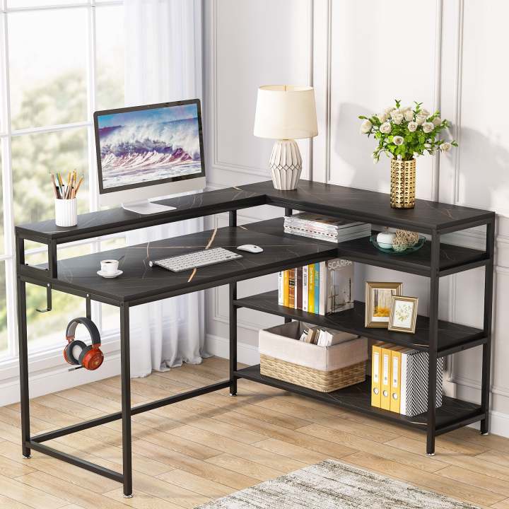 Reversible L-Shaped Desk, 53" Corner Desk with Shelves and Monitor ...