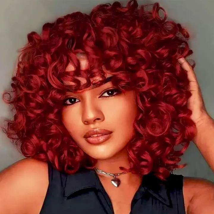Short Loose Red Curly Wig for Black Women Curly Afro Wig with Bangs ...