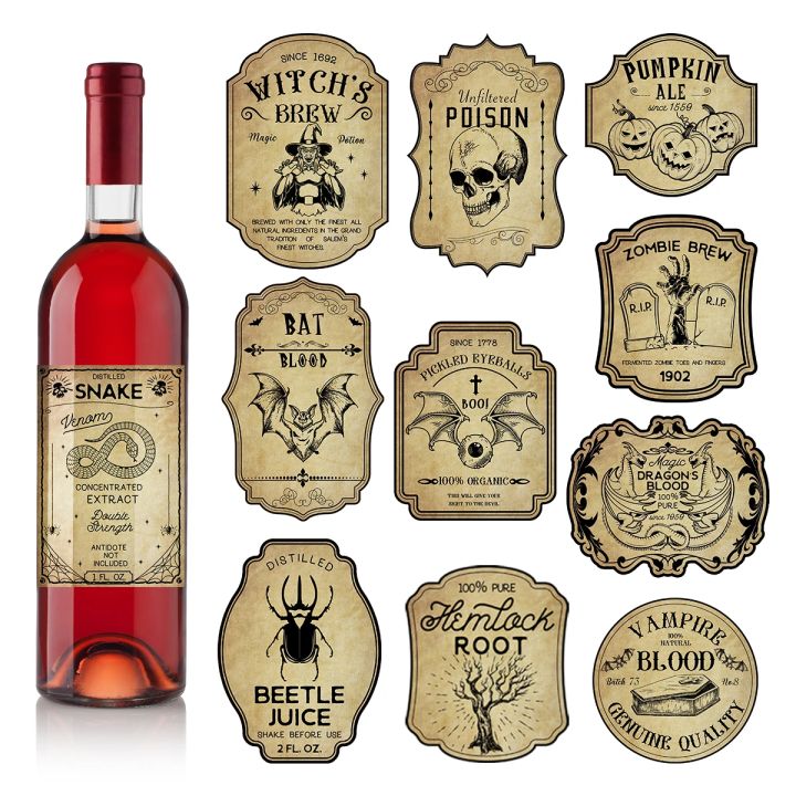 12PCS Halloween Retro Horror Gothic Wine Bottle Labels Sticker Vintage ...