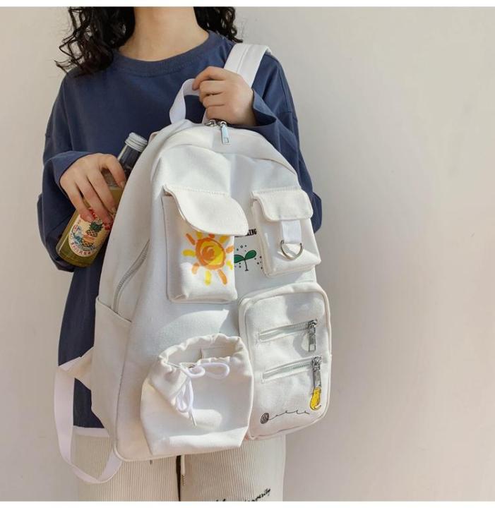 CUTE WOMEN BACKPACK MULTI POCKET STUDENT BAG CANVAS SCHOOL BAG FOR ...