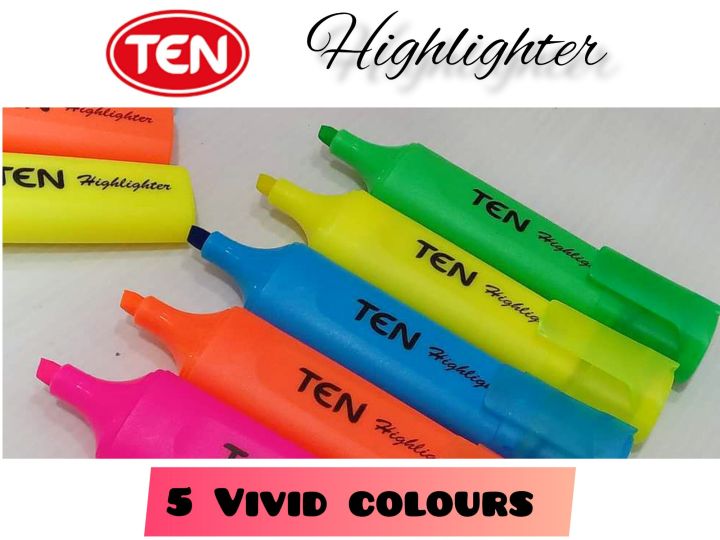 TEN Highlighter Pen (Pack of 5, Vivid Colours - Pink, Orange, Blue ...
