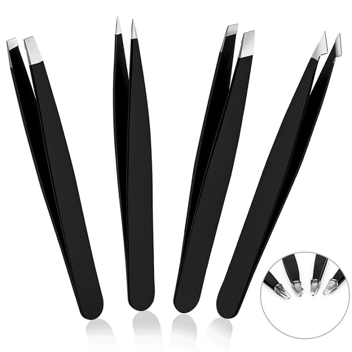 4Piece Stainless Steel Tweezer Set for Facial Hair Removal and Splinter ...