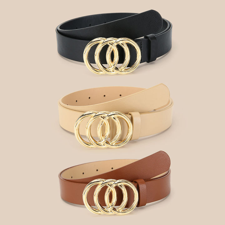 1Pcs Golden Triple Ring Buckle Belts Simple Solid Color PU Belt Jeans ...